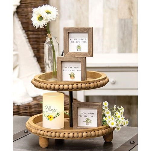 CWI Natural Wood Beaded Two Tiered Tray Size Brown