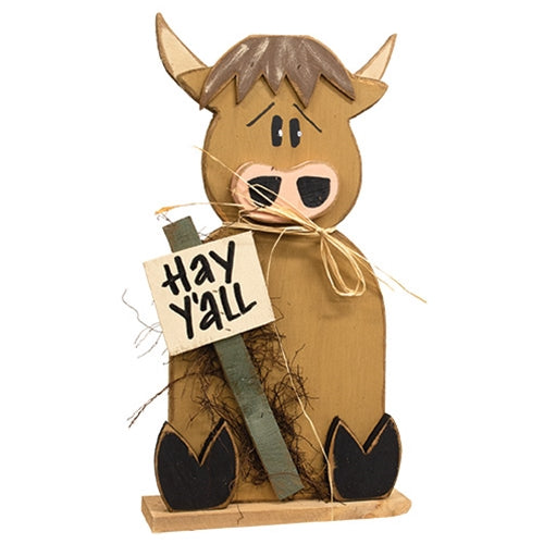 Rustic Wood Hay Y'all Highland Cow On Base - 25.25"H – Primitive Renditions