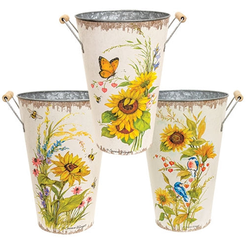 Sunflowers & Blooms Metal Bucket 3 Asstd. – Primitive Renditions