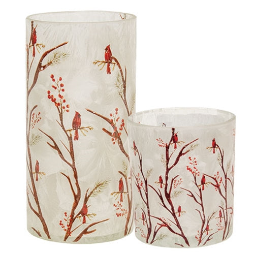 2/Set Frosted Glass Woodland Cardinal Pillar Holders – Primitive Renditions