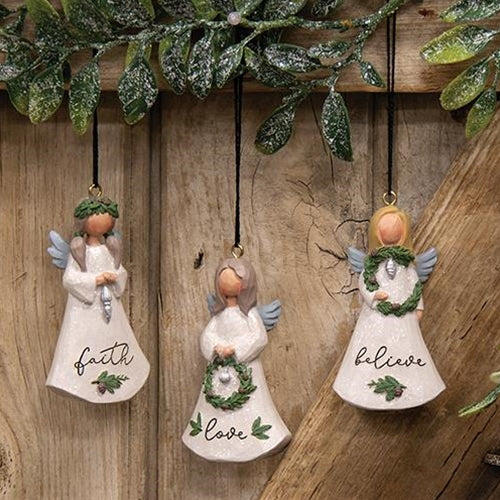 3/Set Believe/Love/Faith Resin Angel Ornaments – Primitive Renditions