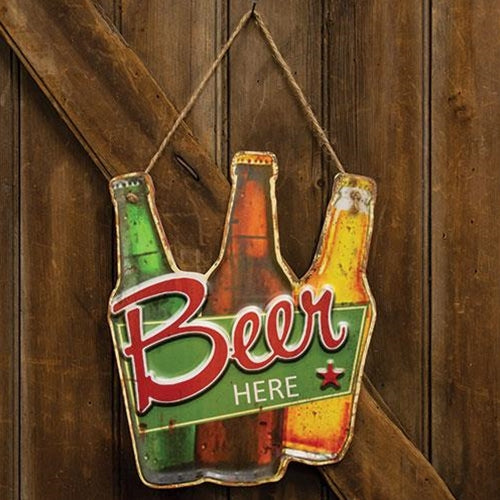 Beer Here Bottles Hanging Metal Sign – Primitive Renditions